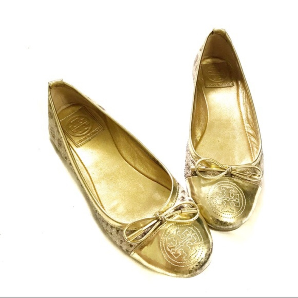 Tory Burch Verbena Snake Print & Gold Flats Sz 8.5 - Gem